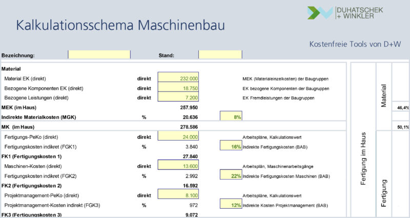 Kalkulation von Maschinen | kostenfreies Excel-Tool | D+W